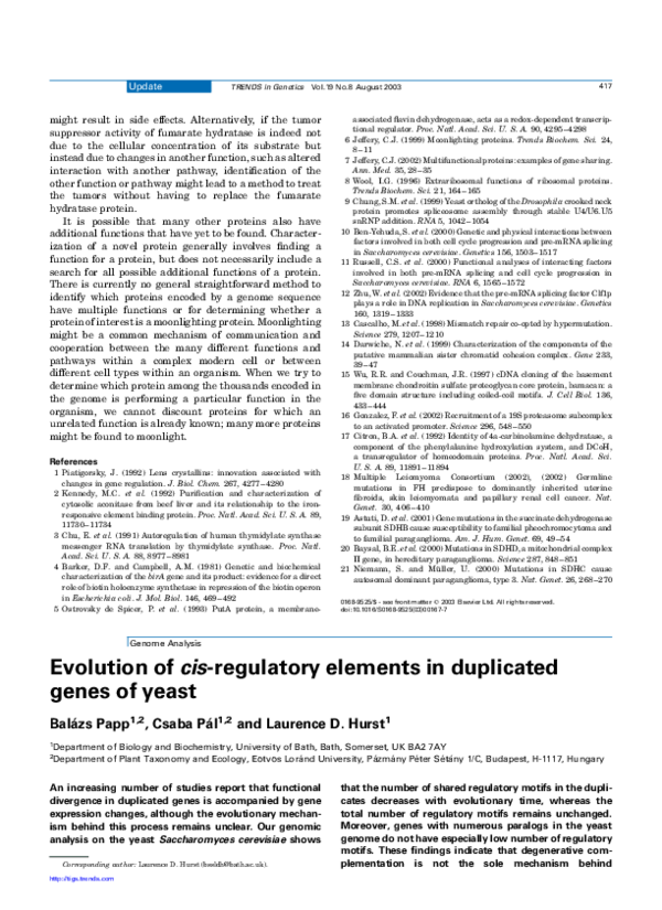 Pdf Evolution Of Cis Regulatory Elements In Duplicated Genes Of Yeast
