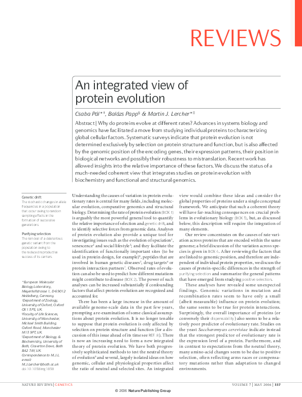 (PDF) An integrated view of protein evolution