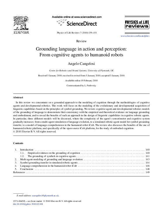 Pdf Grounding Language In Action And Perception From Cognitive Agents To Humanoid Robots