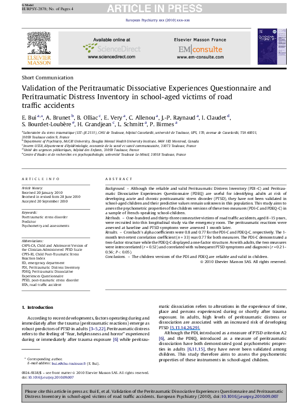 (PDF) Validation of the Peritraumatic Dissociative Experiences ...