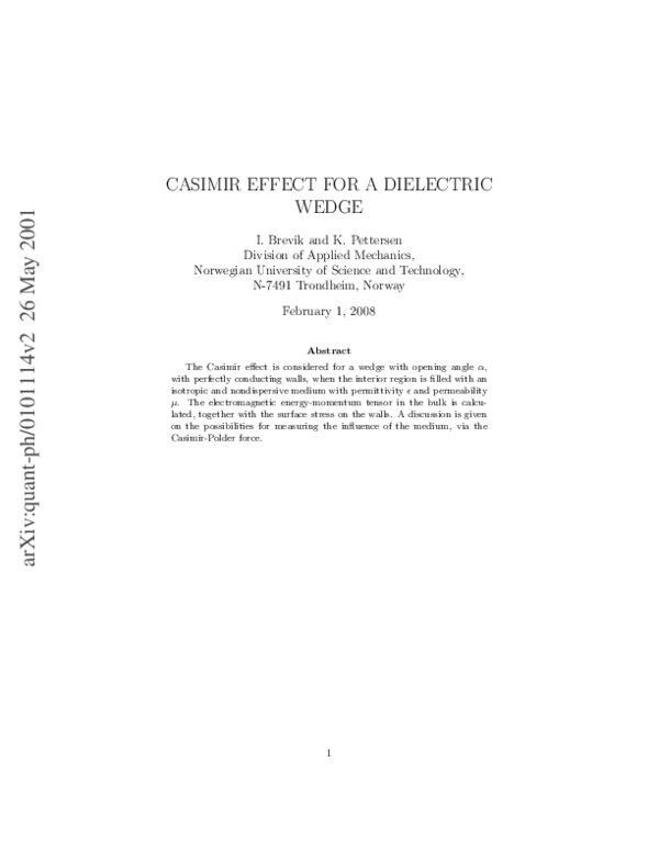 (PDF) Casimir Effect for a Dielectric Wedge