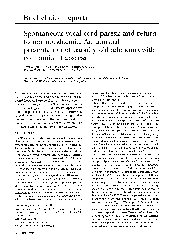 (PDF) Spontaneous vocal cord paresis and return to normocalcemia: An ...