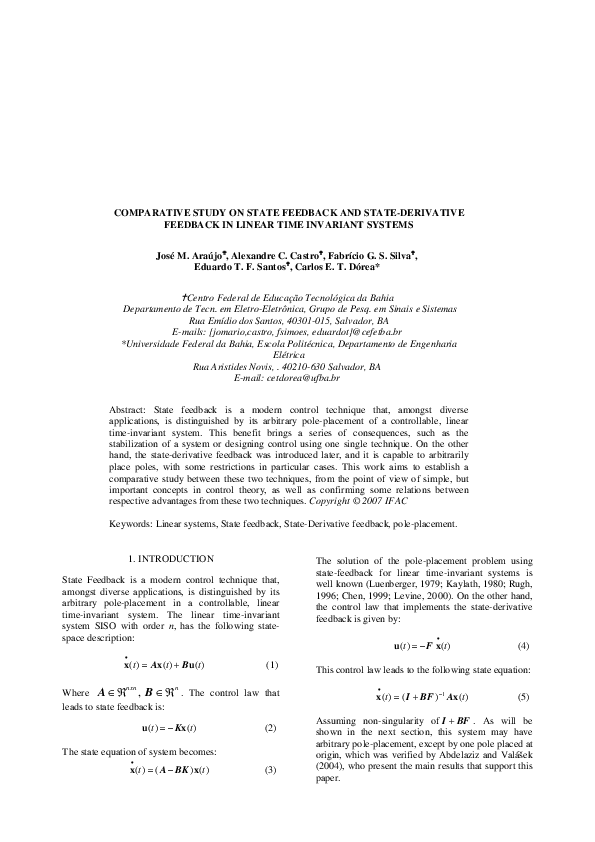 (PDF) Comparative study on state feedback and state-derivative feedback in linear time invariant ...