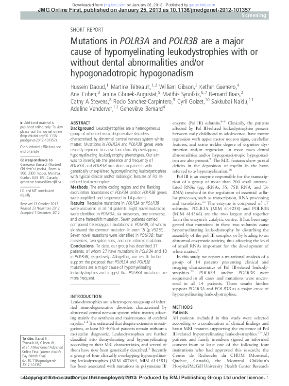 (PDF) Mutations in POLR3A and POLR3B are a major cause of hypomyelinating leukodystrophies with ...