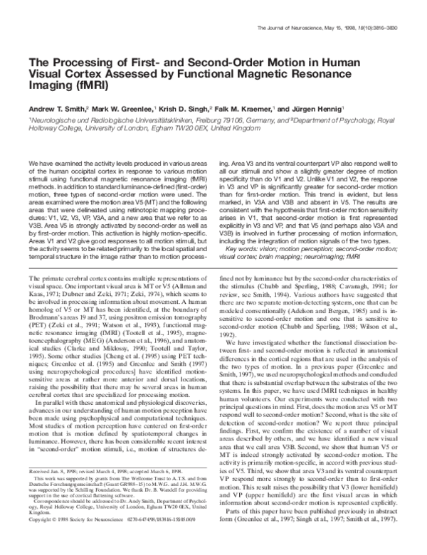 (PDF) The processing of first-and second-order motion in human visual cortex assessed by ...
