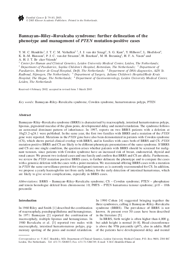 (PDF) Bannayan-Riley-Ruvalcaba syndrome: further delineation of the ...