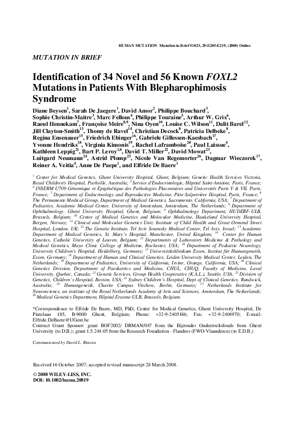 (PDF) Identification of 34 novel and 56 known FOXL2 mutations in ...