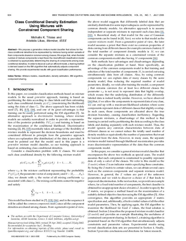 Pdf Class Conditional Density Estimation Using Mixtures With Constrained Component Sharing