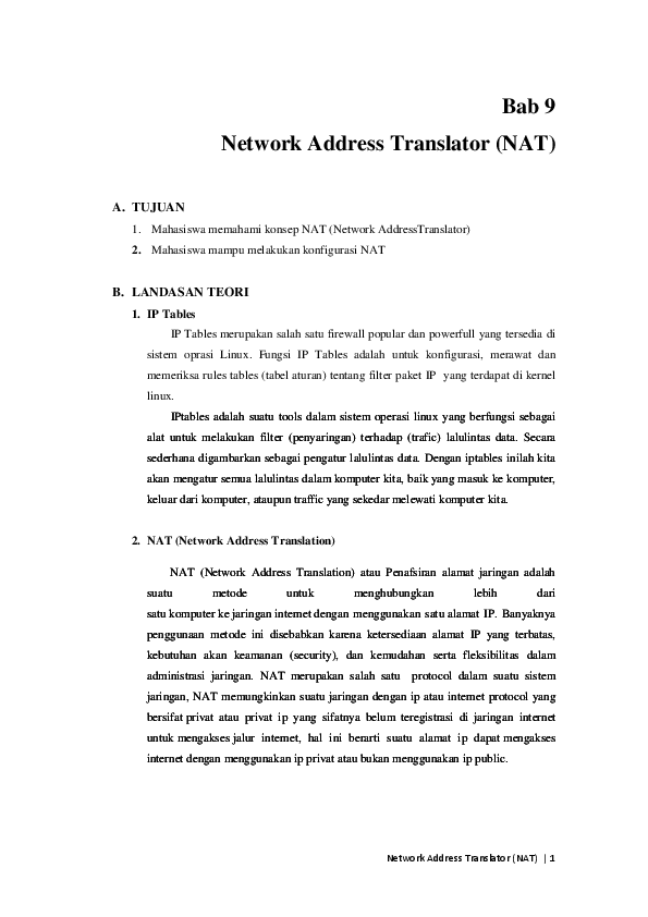 (PDF) [Modul Konsep Jaringan] Bab 9 Network Address Translator (NAT)