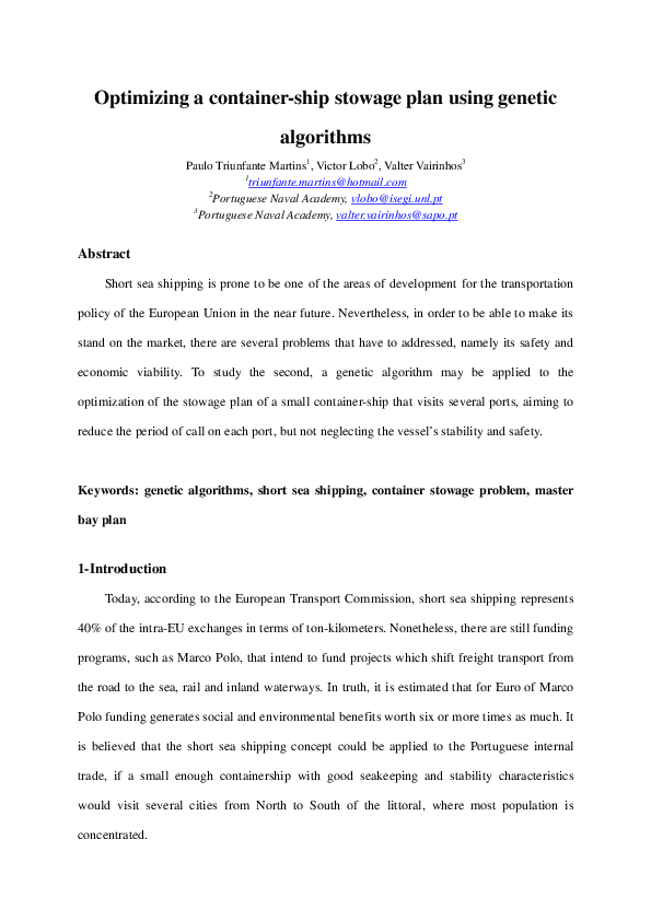 (PDF) Optimizing a container-ship stowage plan using genetic algorithms