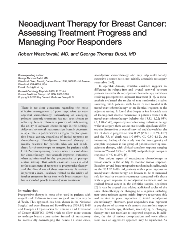 (PDF) Neoadjuvant therapy for breast cancer: Assessing treatment progress and managing poor ...
