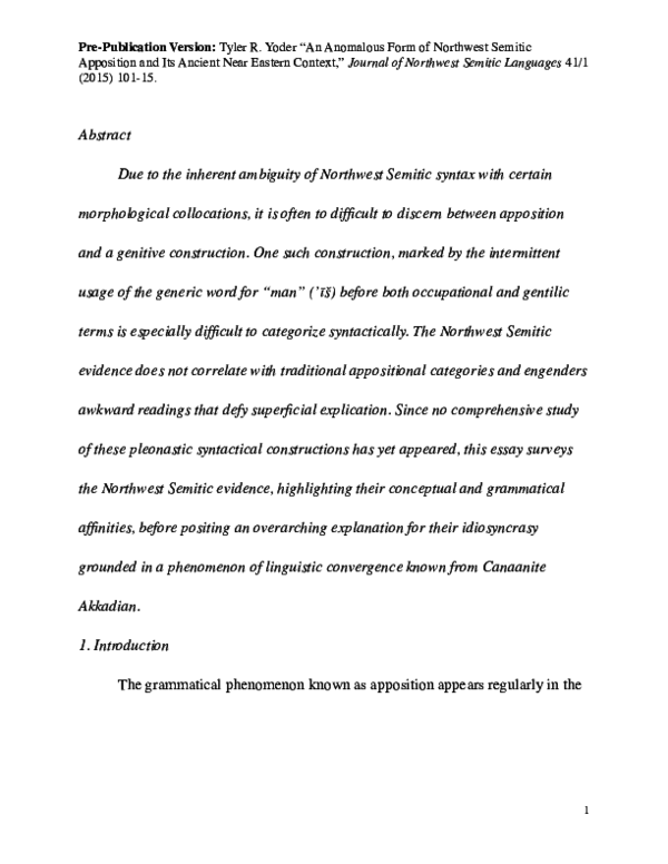 (PDF) An Anomalous Form of Northwest Semitic Apposition and Its Ancient ...