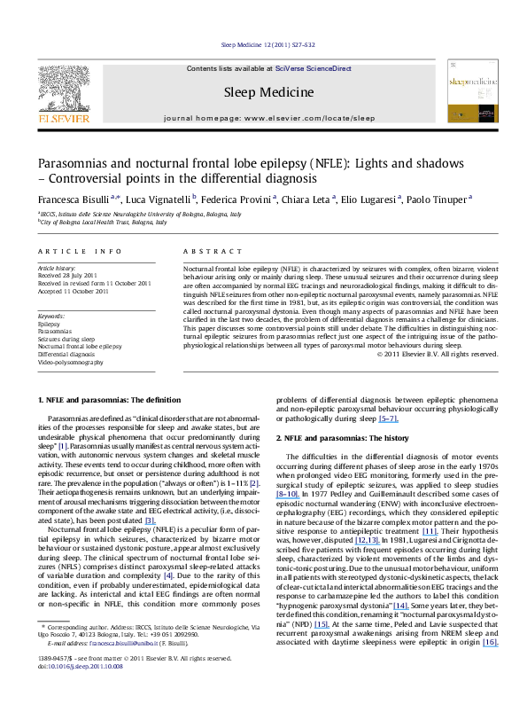 (PDF) Parasomnias and nocturnal frontal lobe epilepsy (NFLE): lights ...
