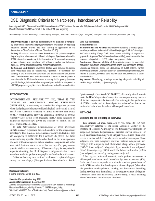 (PDF) ICSD diagnostic criteria for narcolepsy: interobserver ...