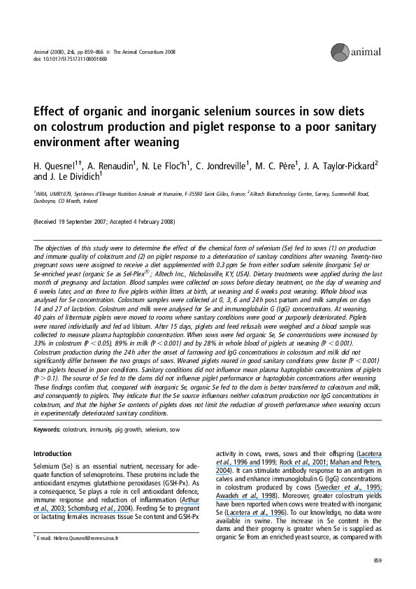 Pdf Effect Of Organic And Inorganic Selenium Sources In Sow Diets On Colostrum Production And