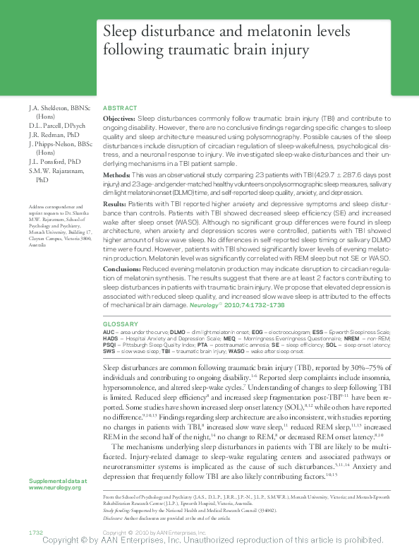 (PDF) Sleep disturbance and melatonin levels following traumatic brain ...