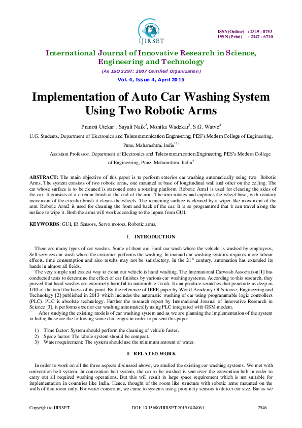 (PDF) Implementation of Auto Car Washing System Using Two Robotic Arms