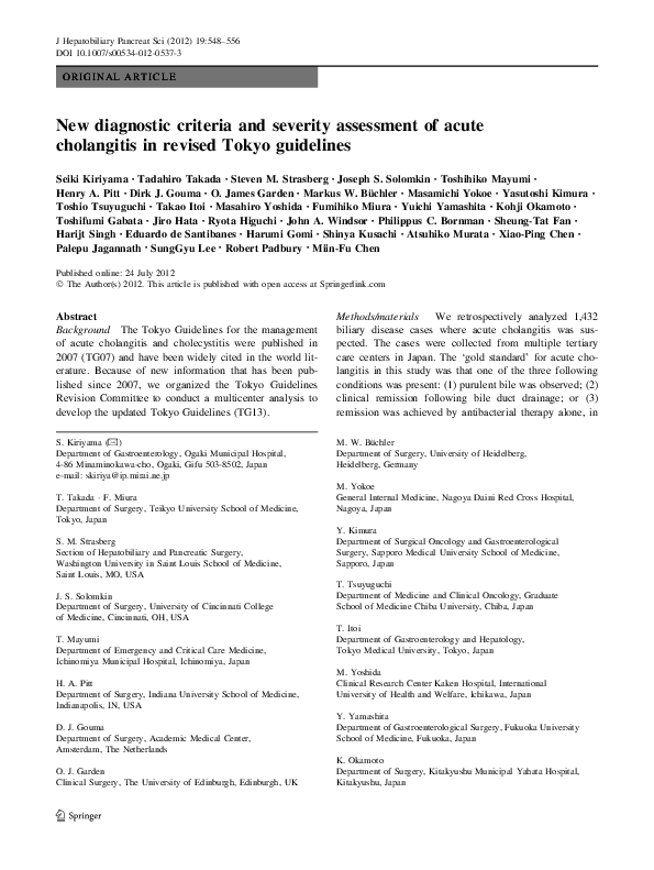 Pdf New Diagnostic Criteria And Severity Assessment Of Acute Cholangitis In Revised Tokyo