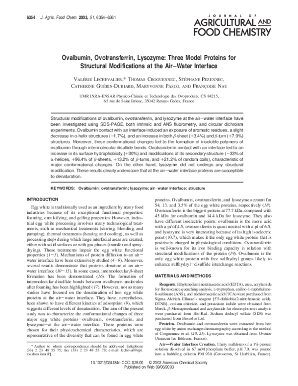(PDF) Ovalbumin, Ovotransferrin, Lysozyme: Three Model Proteins for ...