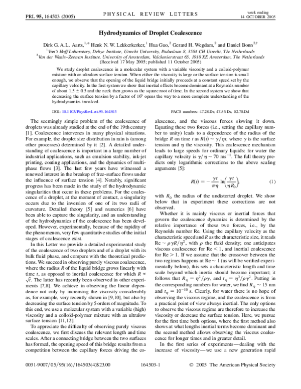 (PDF) Hydrodynamics of droplet coalescence (PDF) Hydrodynamics of droplet coalescence