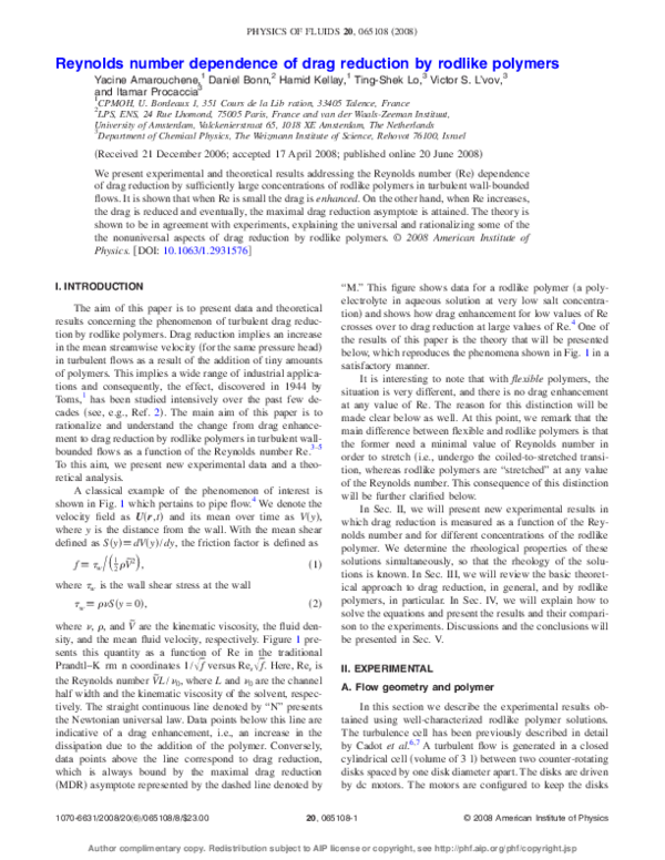 (PDF) Reynolds number dependence of drag reduction by rodlike polymers | Daniel Bonn and Hamid ...