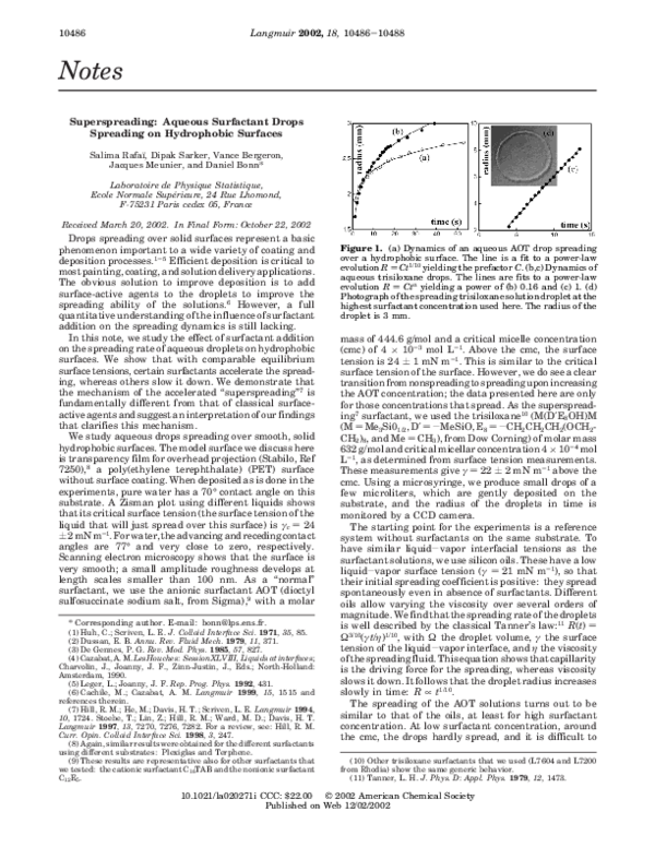 (PDF) Superspreading: Aqueous Surfactant Drops Spreading on Hydrophobic ...