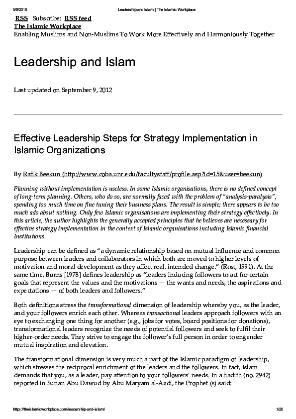 (PDF) Leadership and Islam Effective Leadership Steps for Strategy ...