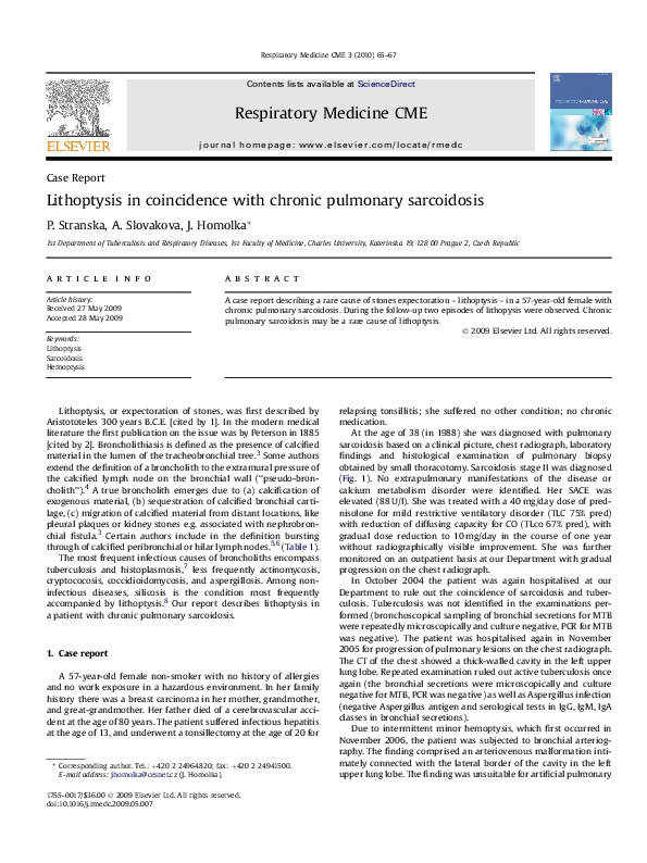 (PDF) Lithoptysis in coincidence with chronic pulmonary sarcoidosis