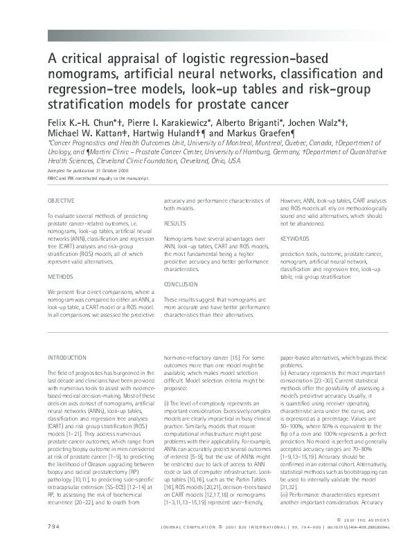 Pdf A Critical Appraisal Of Logistic Regression Based Nomograms Artificial Neural Networks 0784
