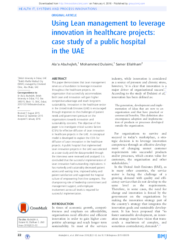 (PDF) Using Lean management to leverage innovation in healthcare ...