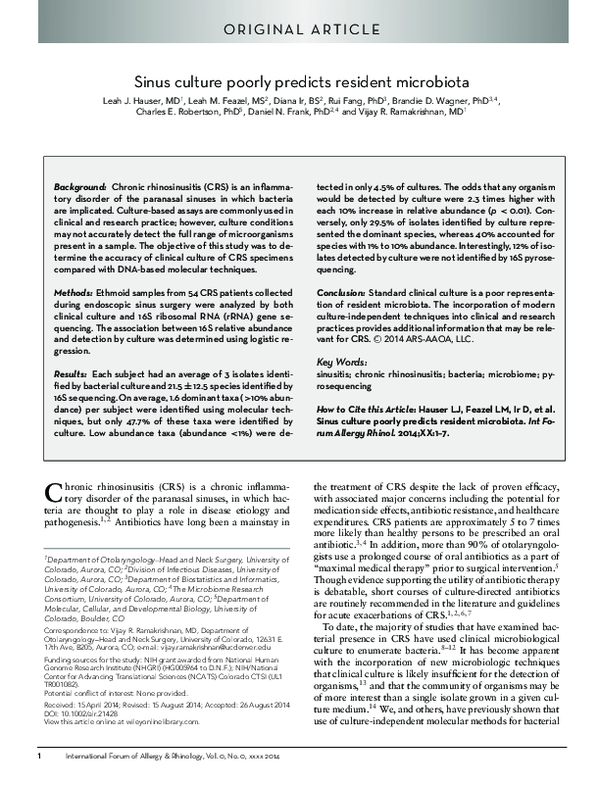 (PDF) Sinus culture poorly predicts resident microbiota