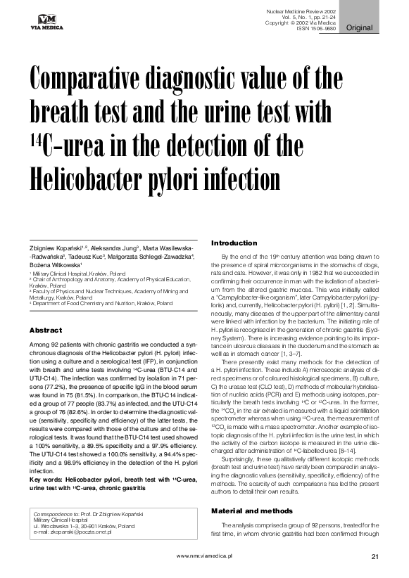 (PDF) Comparative diagnostic value of the breath test and the urine ...