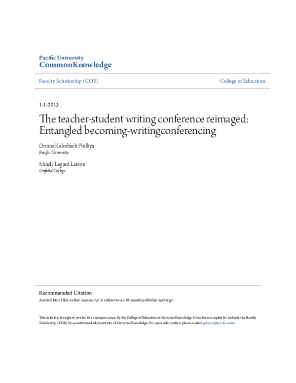 (PDF) The teacher–student writing conference reimaged: entangled ...