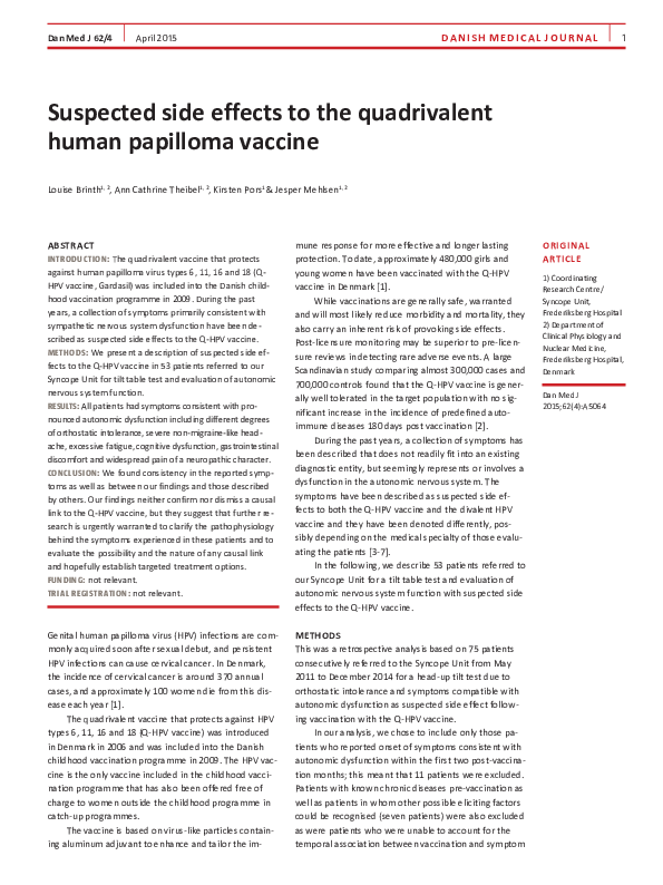 Pdf Suspected Side Effects To The Quadrivalent Human Papilloma Vaccine 1070