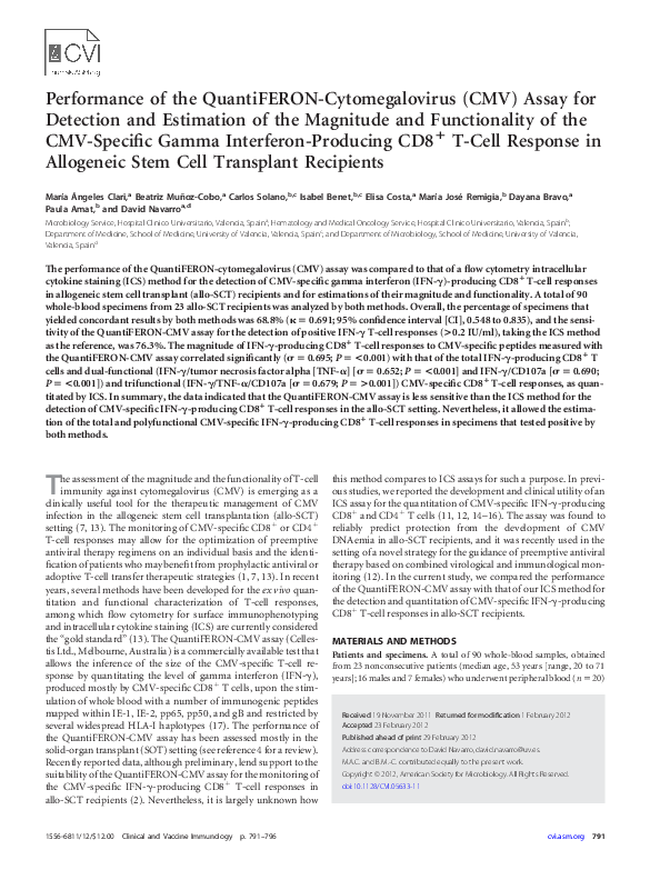 (PDF) Performance of the QuantiFERON-Cytomegalovirus (CMV) Assay for Detection and Estimation of ...