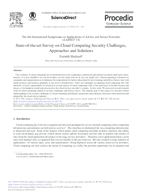 Pdf State Of The Art Survey On Cloud Computing Security Challenges Approaches And Solutions