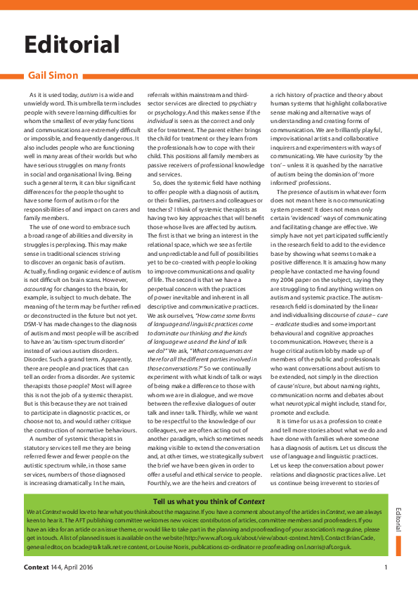 (PDF) Systemic Practice and Autism - Editorial
