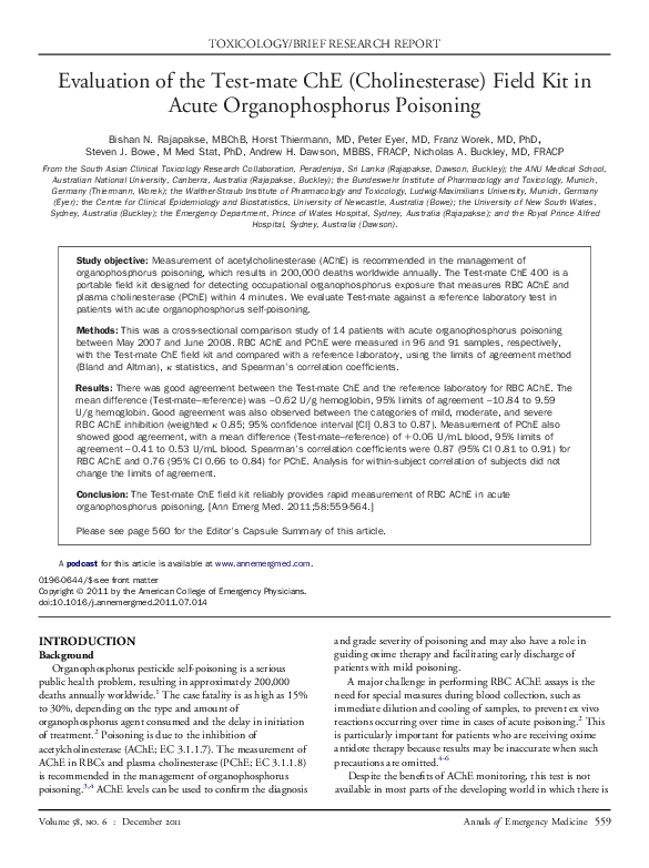 (PDF) Evaluation of the Test-mate ChE (Cholinesterase) Field Kit in ...
