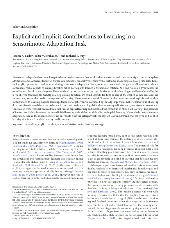 (PDF) Explicit and Implicit Contributions to Learning in a Sensorimotor Adaptation Task