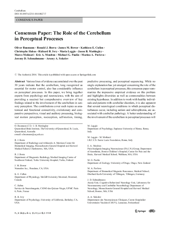 (PDF) Consensus Paper: The Role of the Cerebellum in Perceptual Processes