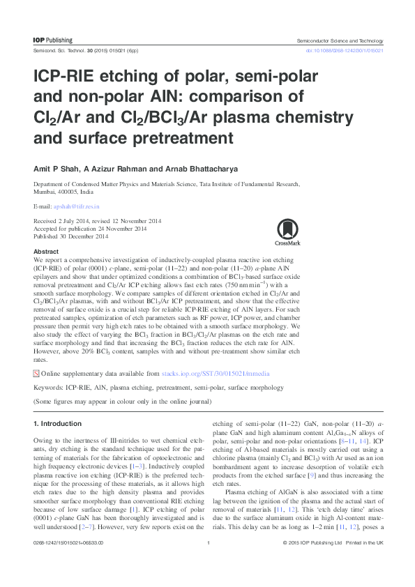 (PDF) ICP-RIE etching of polar, semi-polar and non-polar AlN: comparison of Cl2/Ar and Cl2/BCl3 ...