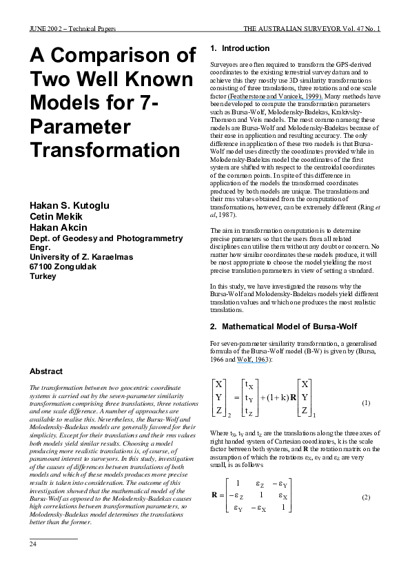 (PDF) A Comparison of Two Well Known Models for 7- Parameter Transformation