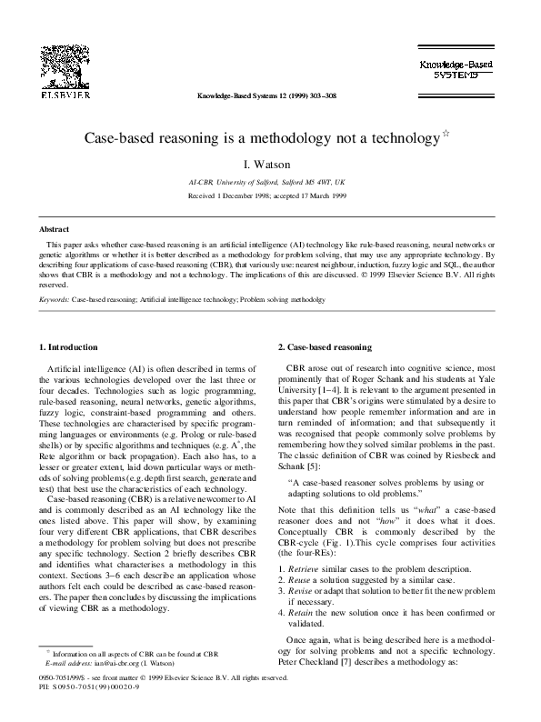 (PDF) Case-based reasoning is a methodology not a technology* 1