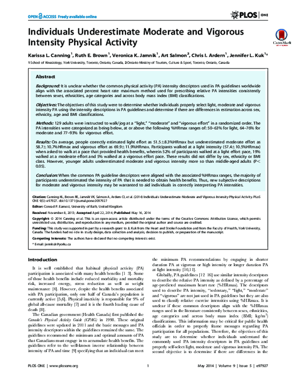 (PDF) Individuals Underestimate Moderate and Vigorous Intensity ...