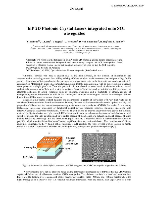 (PDF) InP 2-D Photonic Crystal Lasers Integrated onto SOI Waveguides