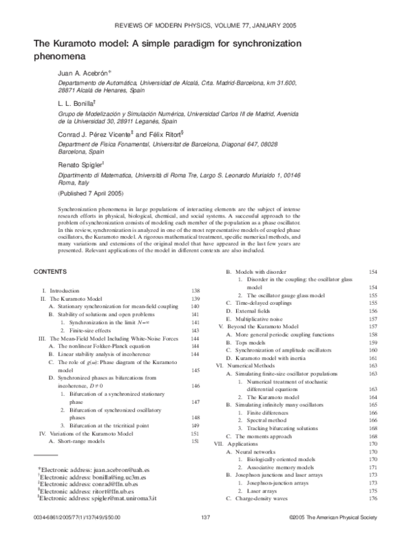 (PDF) The Kuramoto model: A simple paradigm for synchronization phenomena