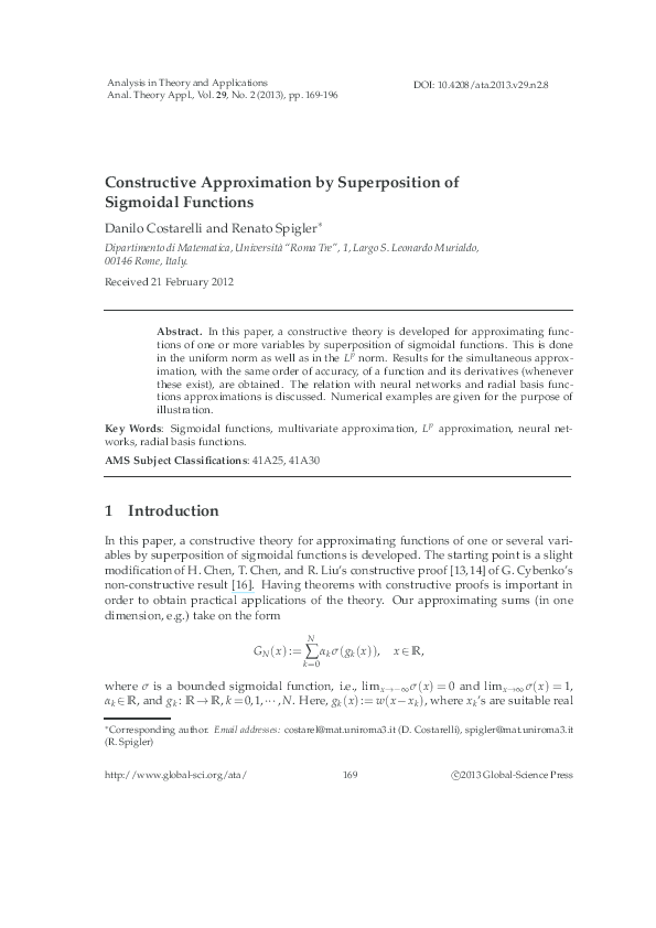 Pdf Constructive Approximation By Superposition Of Sigmoidal Functions