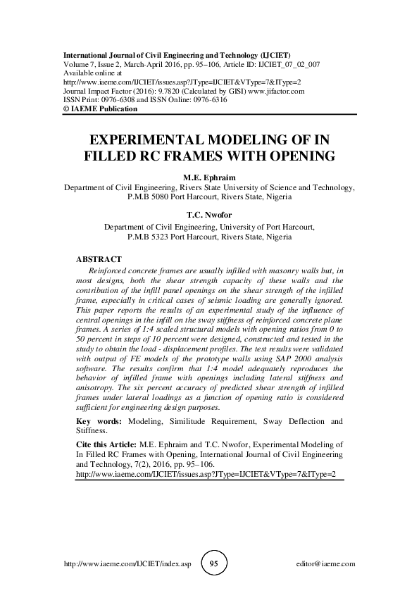 (PDF) EXPERIMENTAL MODELING OF IN FILLED RC FRAMES WITH OPENING