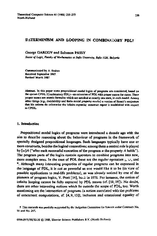 (PDF) Determinism and looping in combinatory PDL | Solomon Passy - Academia.edu