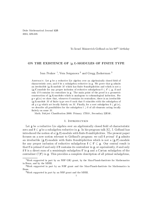 (PDF) On the existence of , -modules of finite type | Gregg Zuckerman ...